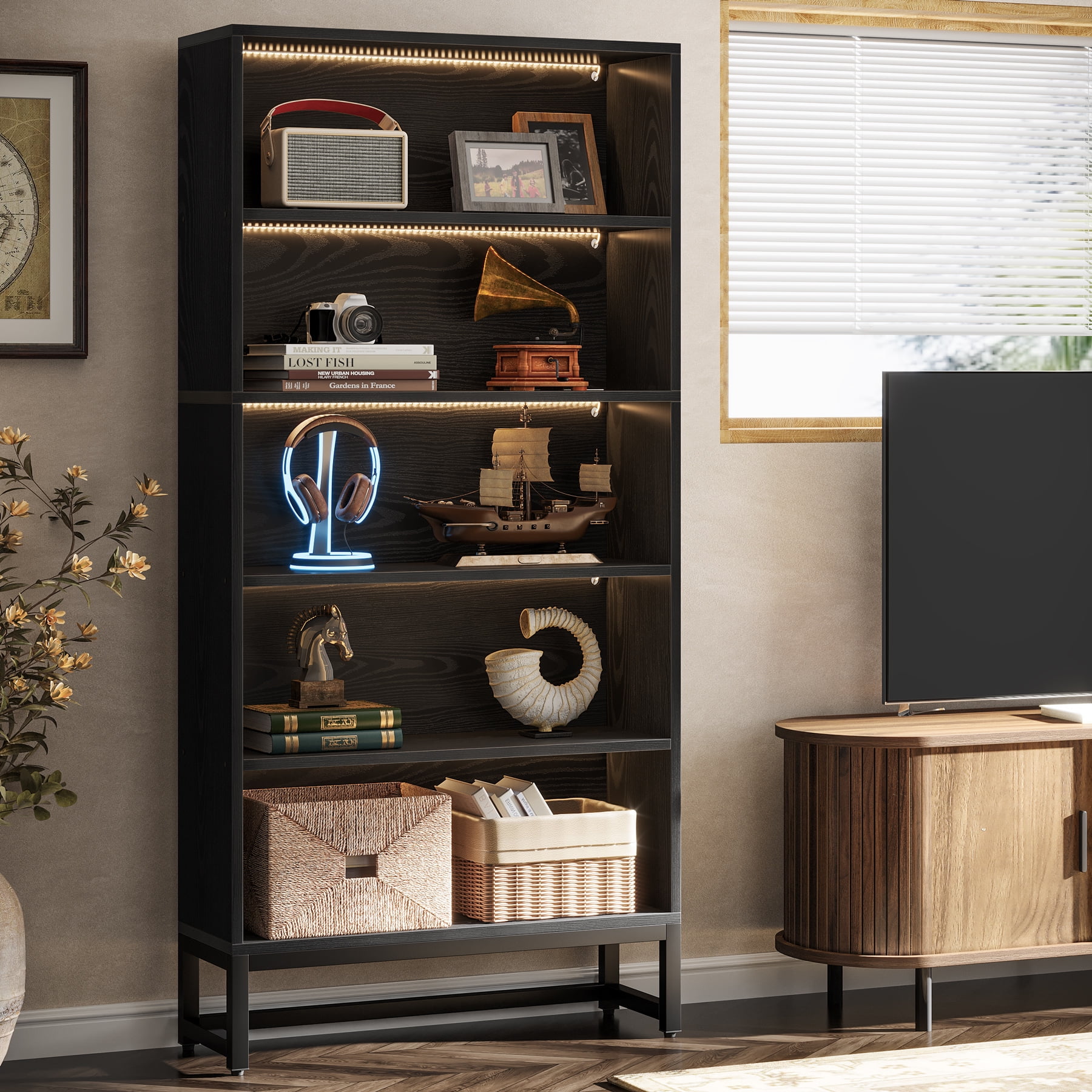 "Tribesigns Black 70.8"" Tall 5-Tier Bookcase Bookshelf with LED Lights ...