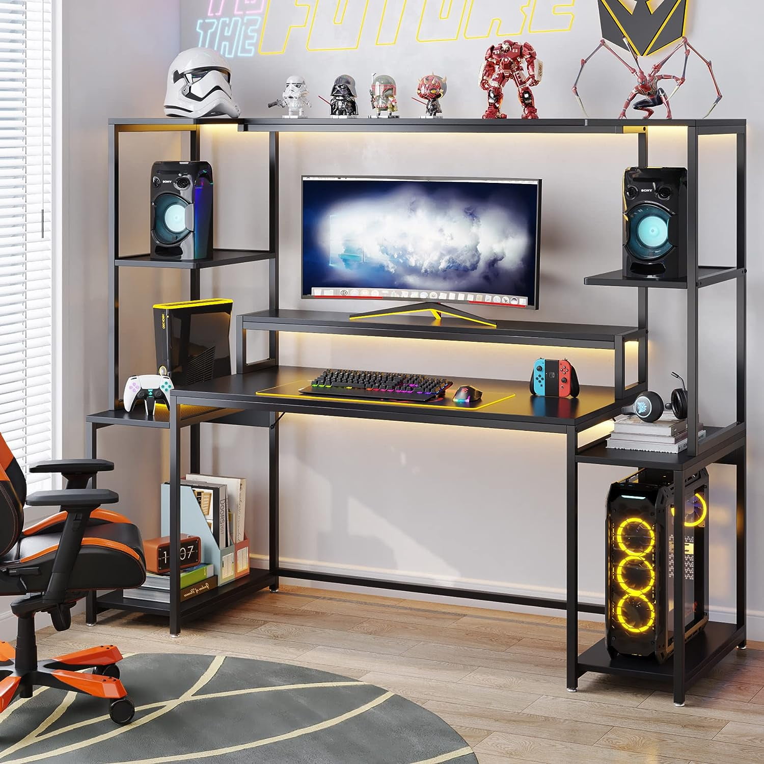 Tribesigns 70.8 Inch Gaming Desk with Hutch Shelves and Monitor Stand ...