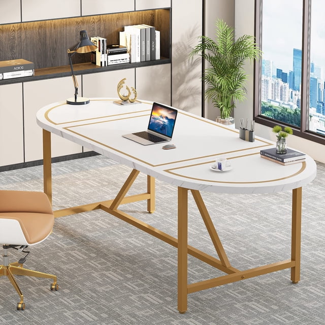 Tribesigns 70.8 Inch Modern Executive Desk, Gold and White Computer ...