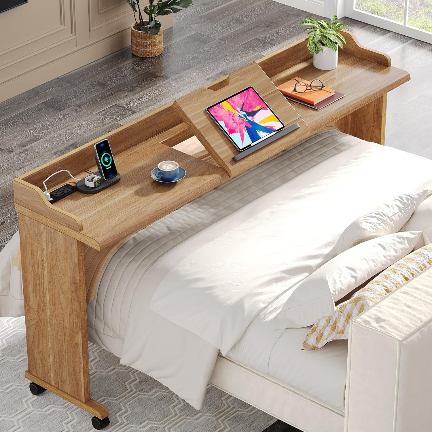 Tribesigns 70.8" Over Bed Table with Outlet and USB, Overbed Desk with ...