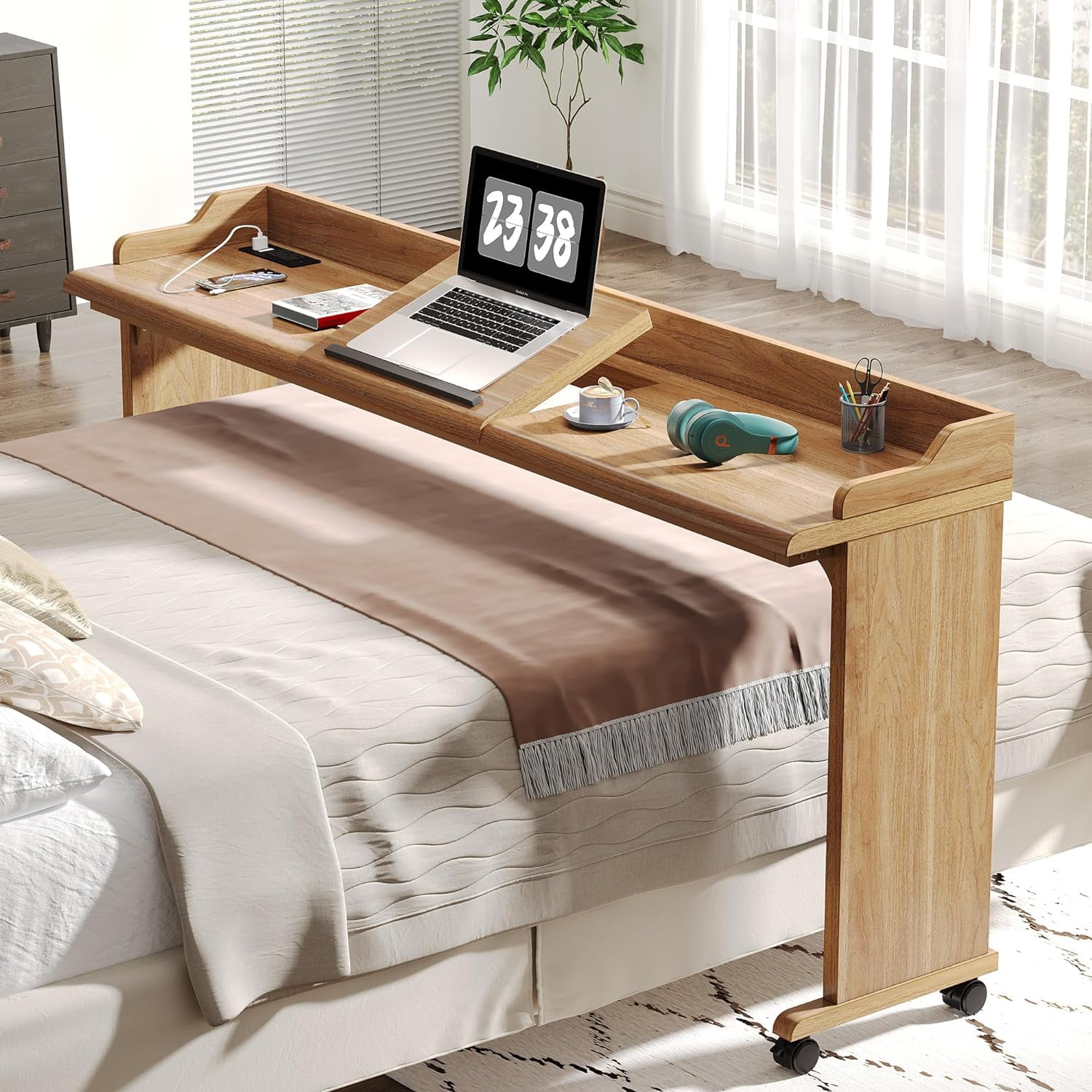 Tribesigns 70.8" Mobile Over Bed Table - Adjustable Desk with Outlet, USB, Wheels - Walmart.com