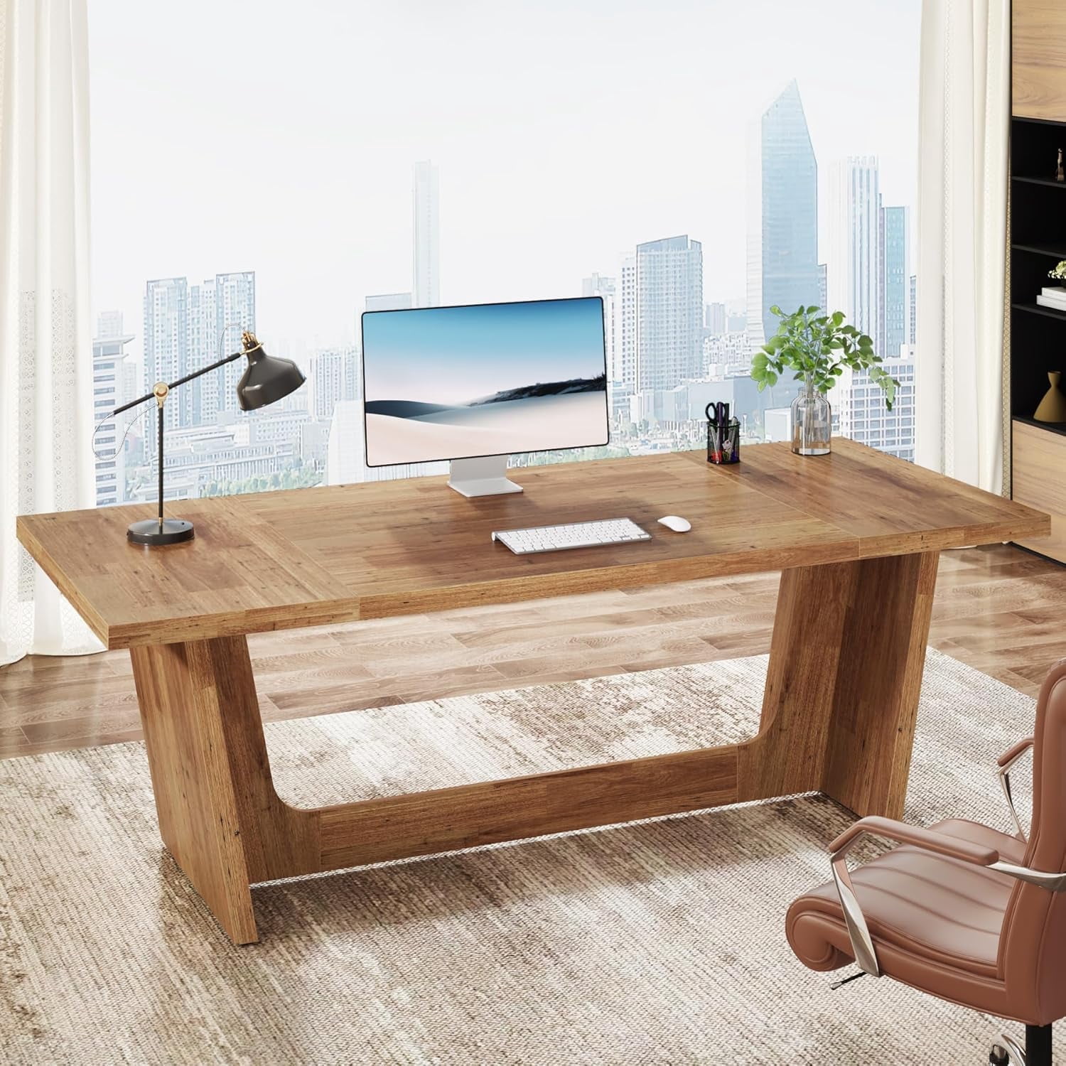 Finmind 70.87-Inch Executive Computer Desk with Solid Wood Pedestal ...