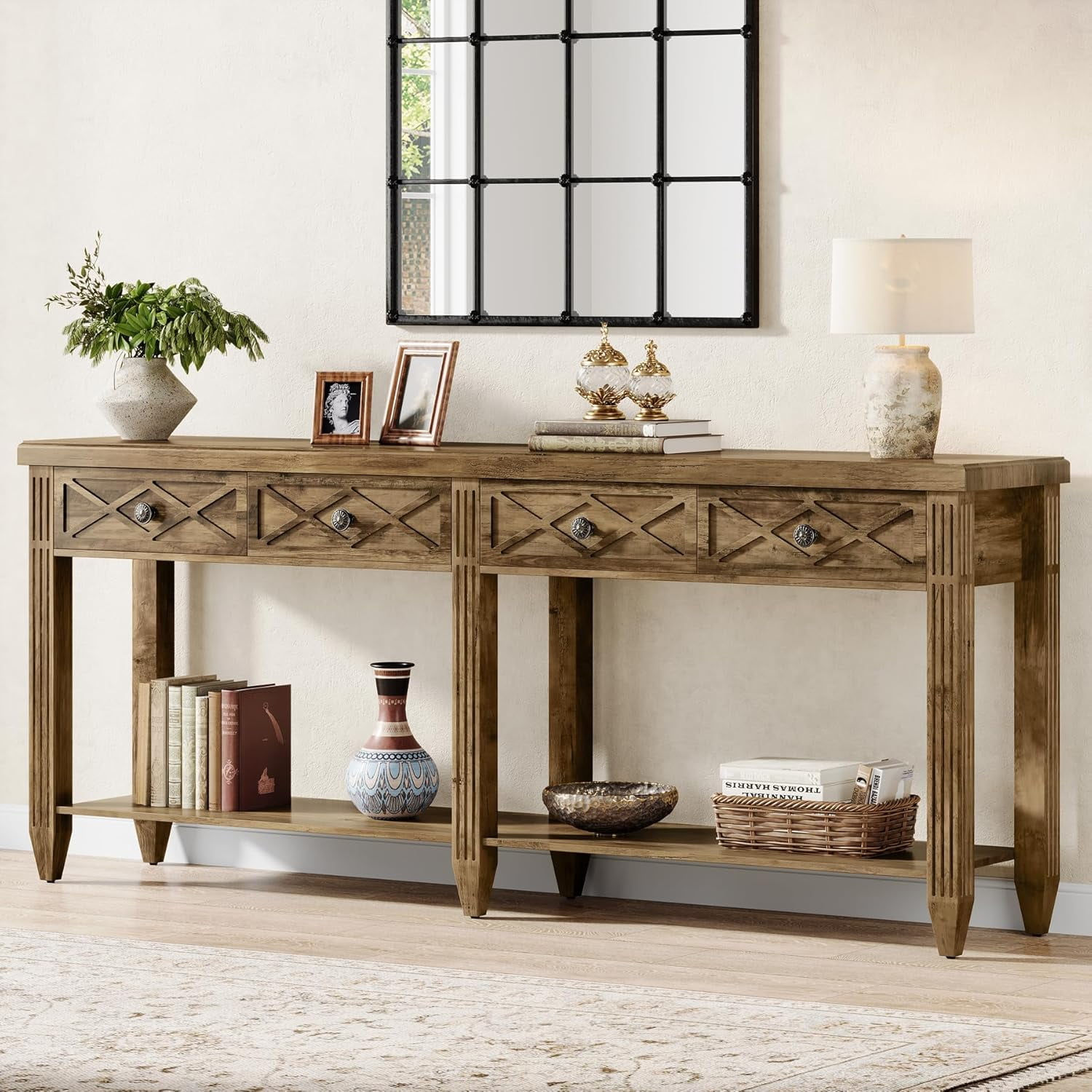Tribesigns 70.87-Inch Extra Long Console Table, 4-Drawer Farmhouse Sofa ...