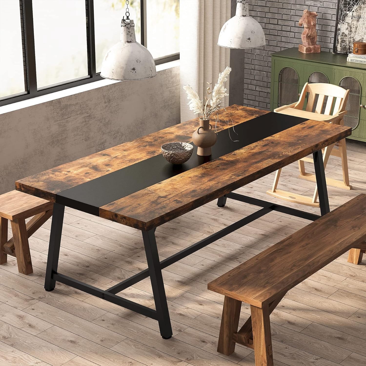 Finmind 70.87in Rectangular Wood Dining Table for 8, Metal Frame ...