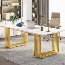 70.9" Modern Office Desk Wood Computer Desk, White Gold Executive Desk ...