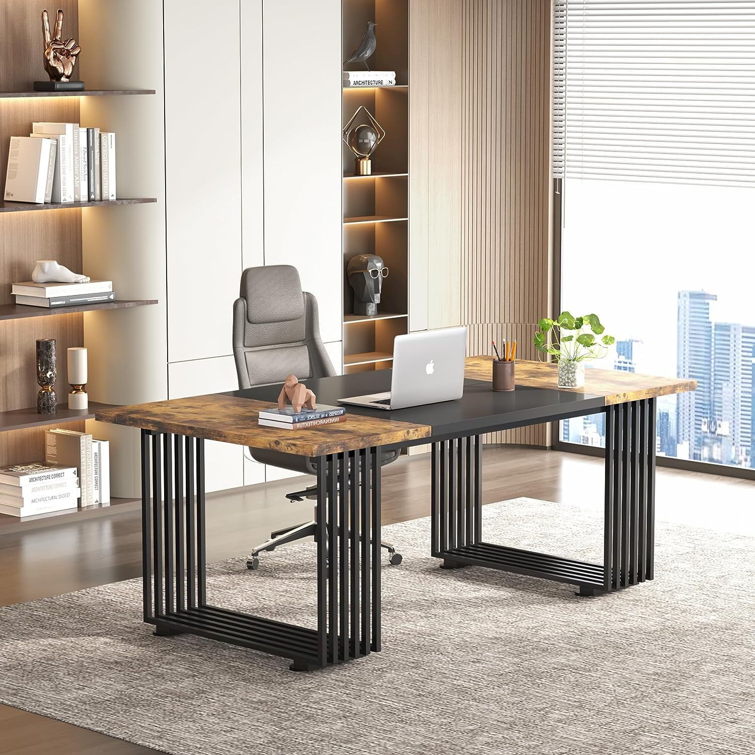 "Tribesigns 70.9"" Executive Office Desk with Large Wood Top, Rustic ...