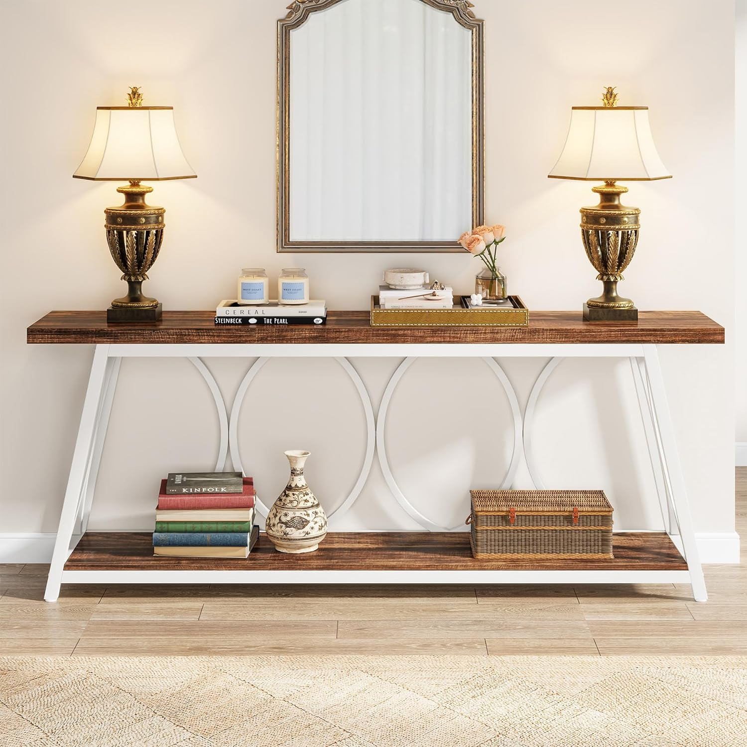 Tribesigns 70.9" Extra Long Console Table, Industrial Wood Narrow Sofa Table for Entryway, White ...