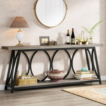 Ktaxon 3-Tier Wooden Console Table, 3 Drawers, Shelves, Retro Gray ...