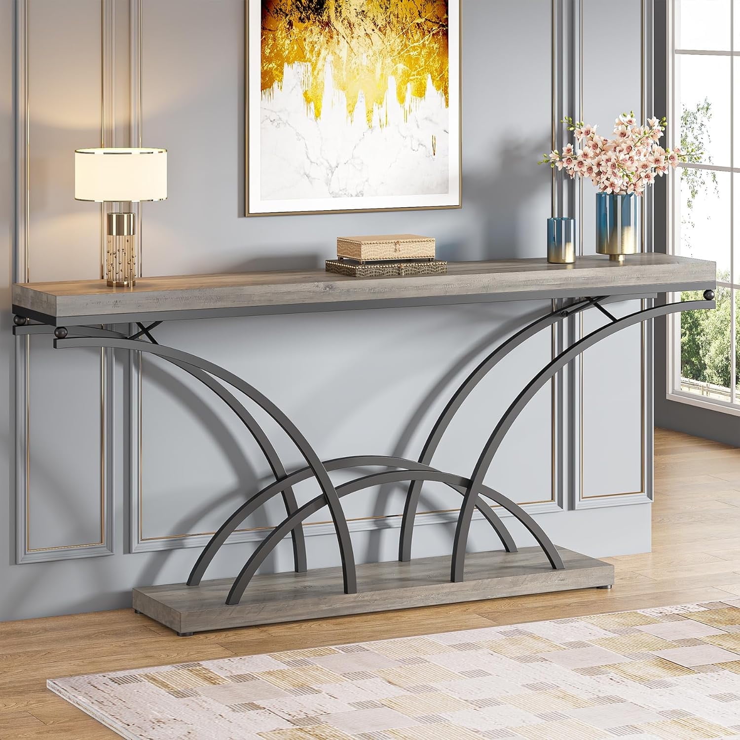 Tribesigns 70.9'' Metal Entry Sofa Table, Gray Decorative Console behind Couch with Wood Top ...