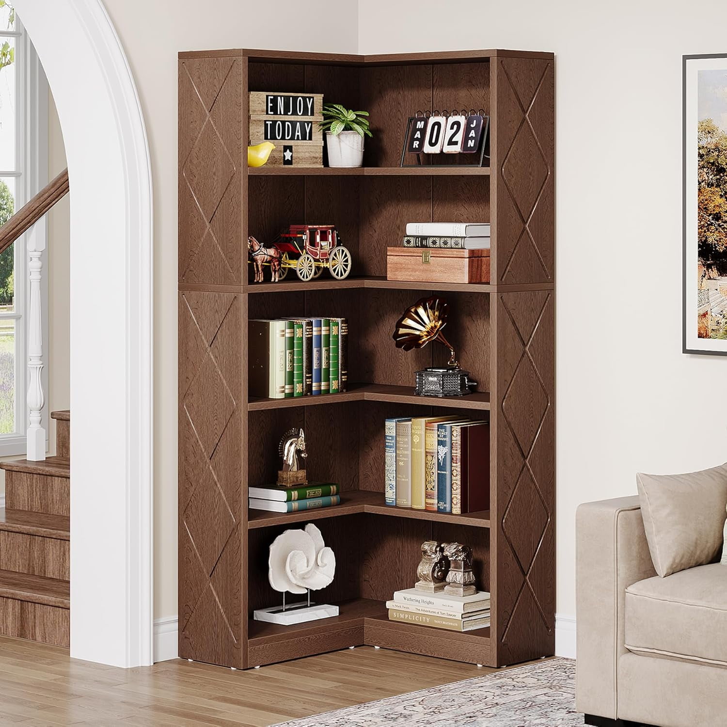 Tribesigns 70.9-Inch Tall Corner Bookcase, 5-Tier L-Shaped Bookshelf ...