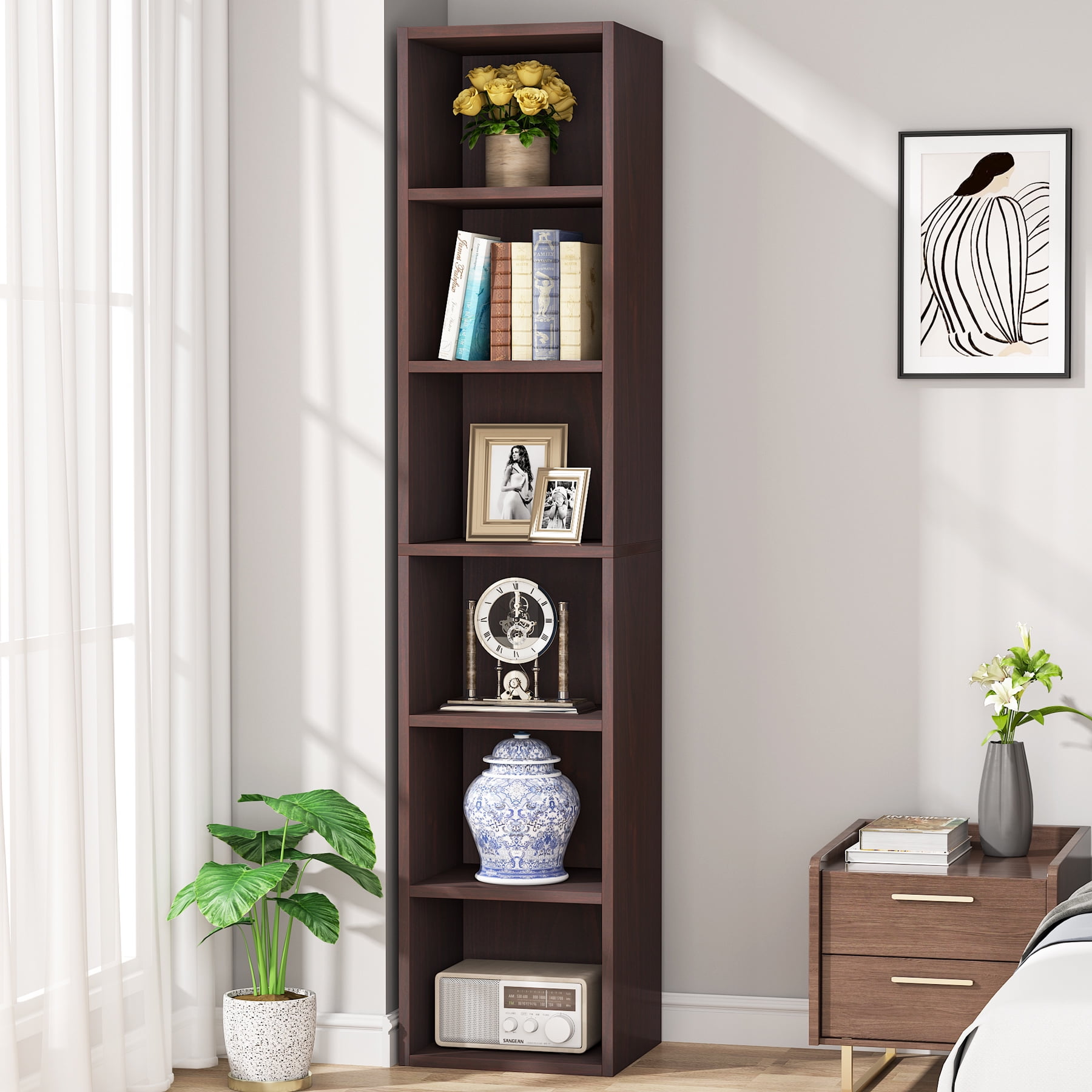 Tribesigns Corner Bookshelf Living Room 6-Tier Bookcase Wood Composite ...
