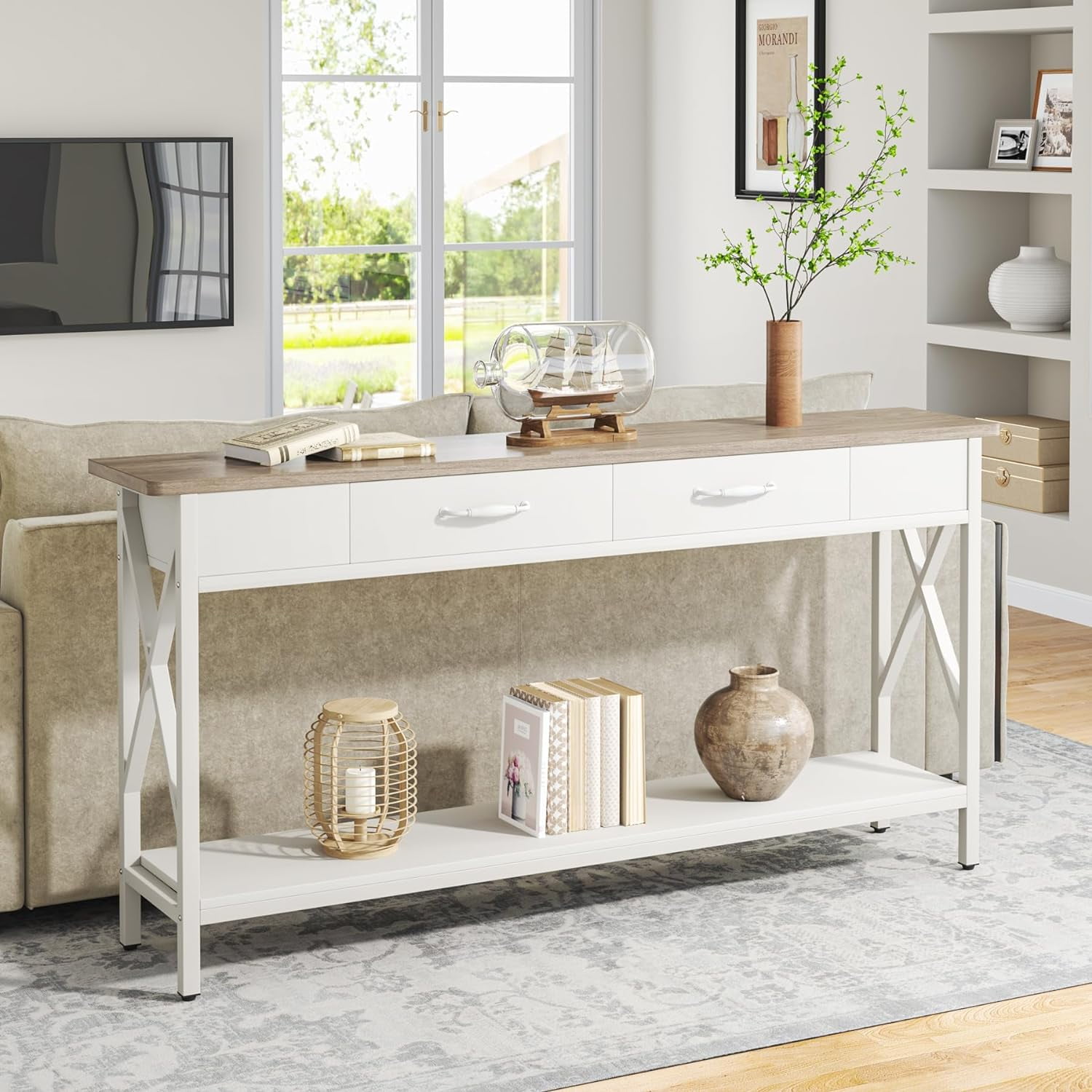 Tribesigns 70.9" Long Sofa Console Table with 2 Drawers, Wood Entryway Tables with Storage ...