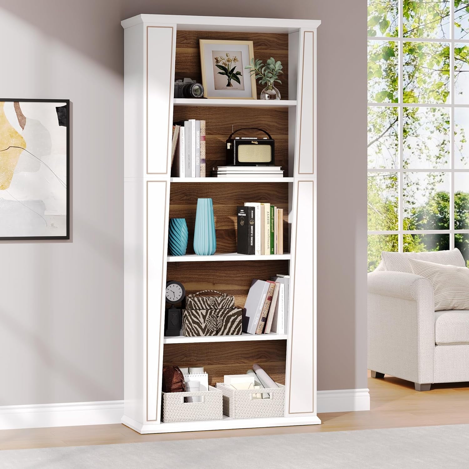 Tribesigns 70.9" Tall White Bookcase, 5-Tier Wood Bookshelf with ...