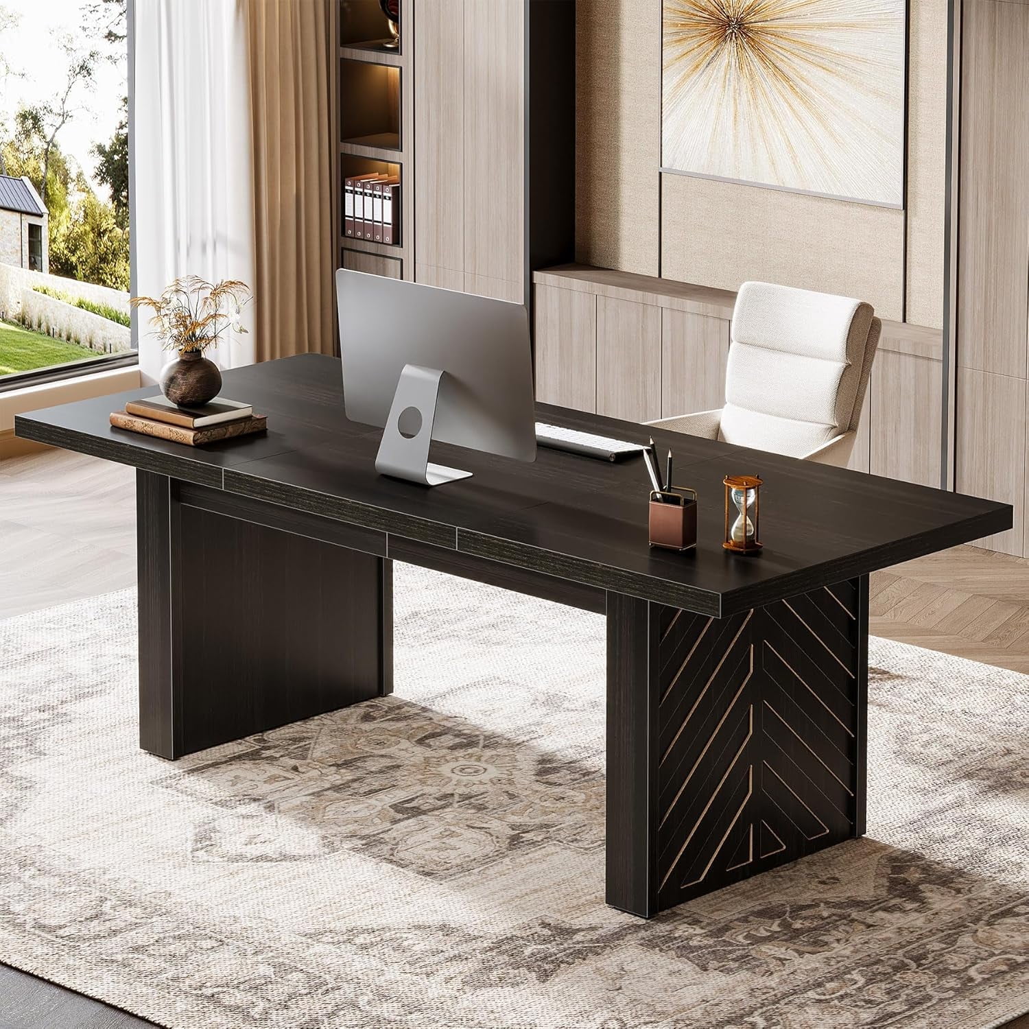 Finmind 70.9" Wood Executive Desk: Large Black Office Workstation with ...