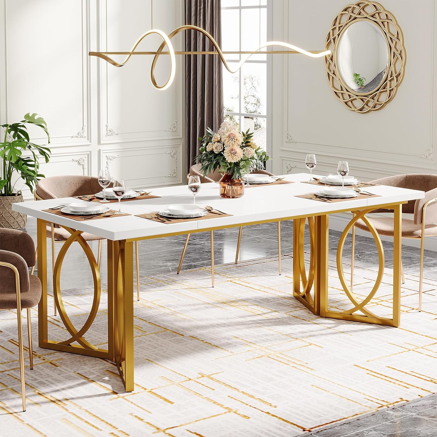 Tribesigns 70.9 inch Dining Room Table Modern White Gold Kitchen Table ...
