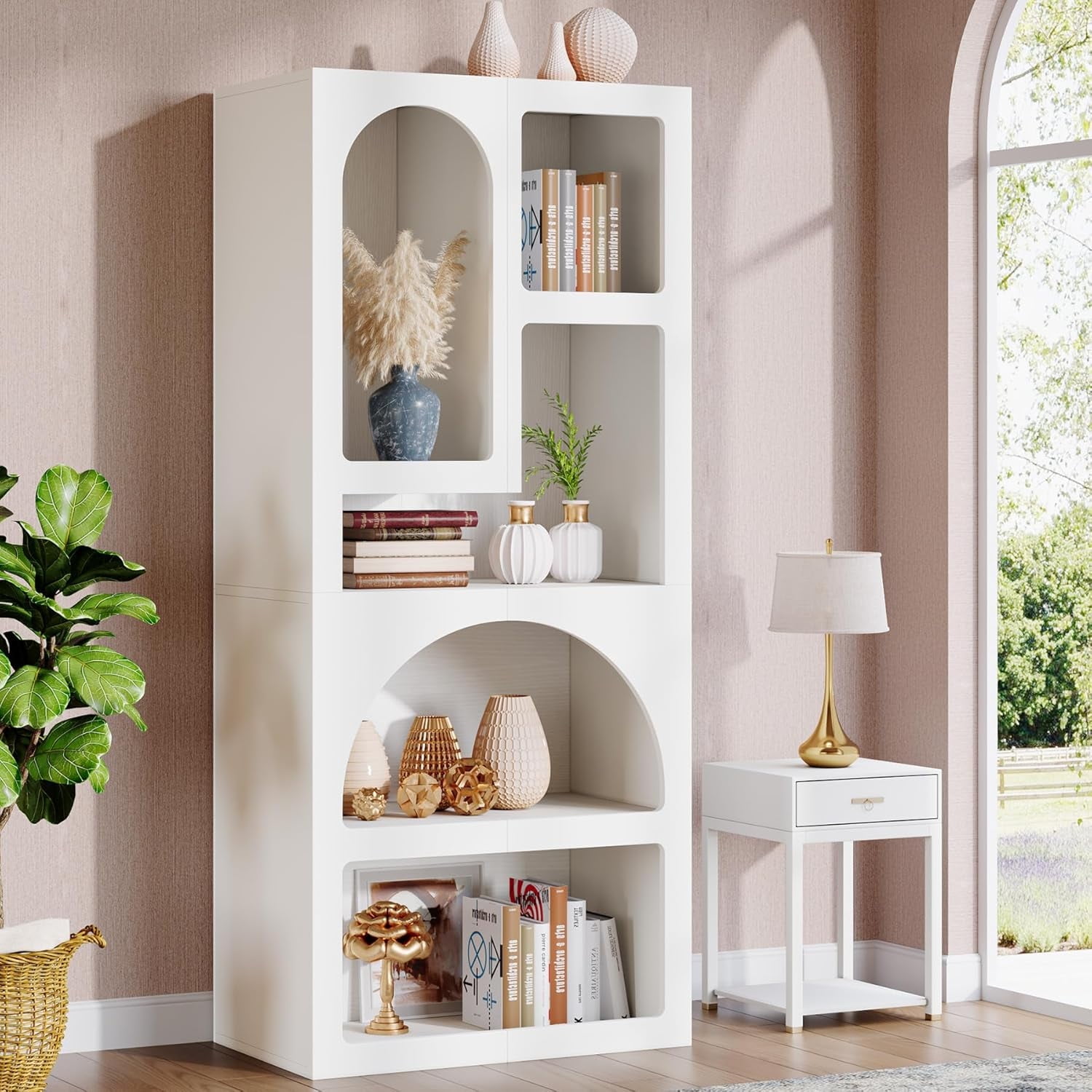 Tribesigns 70" Arched Bookshelf: Geometric White Bookcase with 5 ...