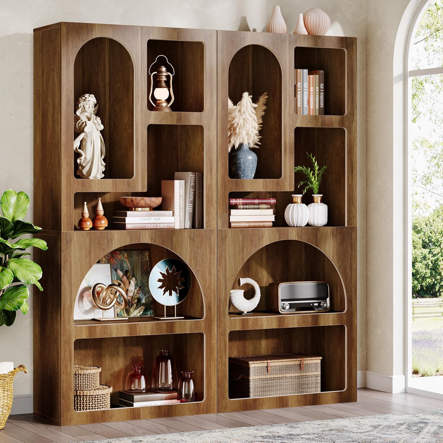 Tribesigns 70" Tall Geometric Bookshelf, Brown Arched Bookcase with 5 ...