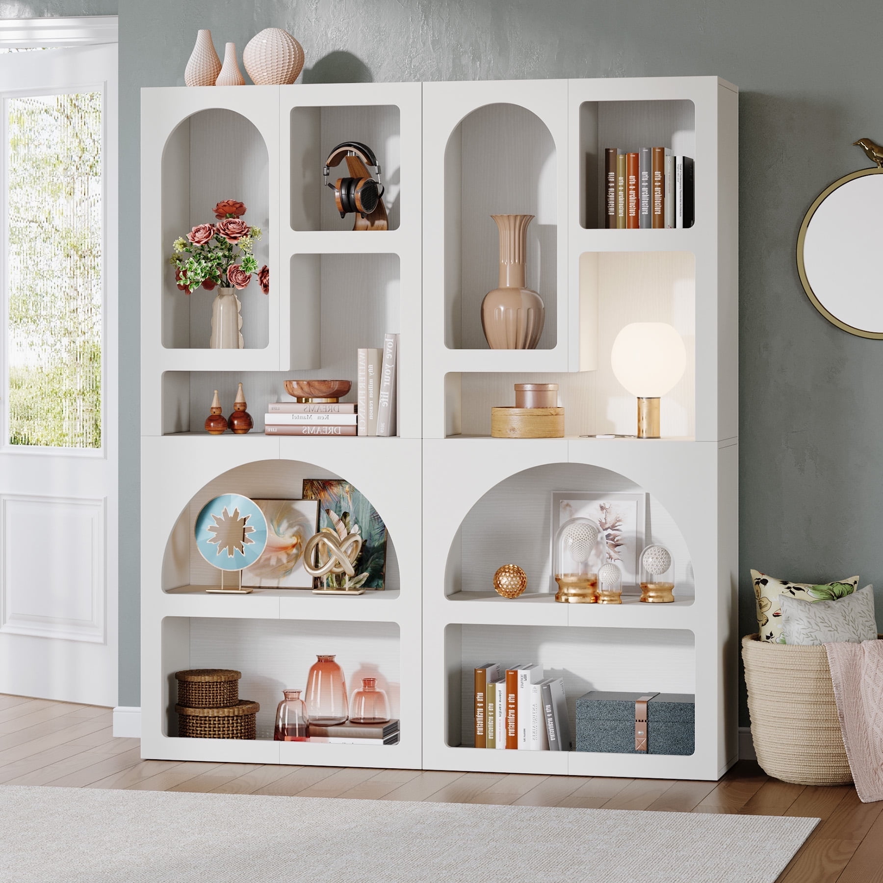 Tribesigns 70" Tall Geometric Bookshelf Set of 2, White Arched Bookcase ...