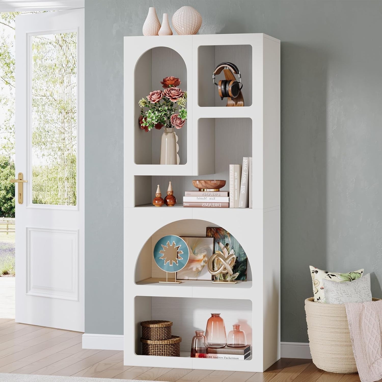 Tribesigns 70" Tall Geometric Bookshelf, White Arched Bookcase with 5 ...