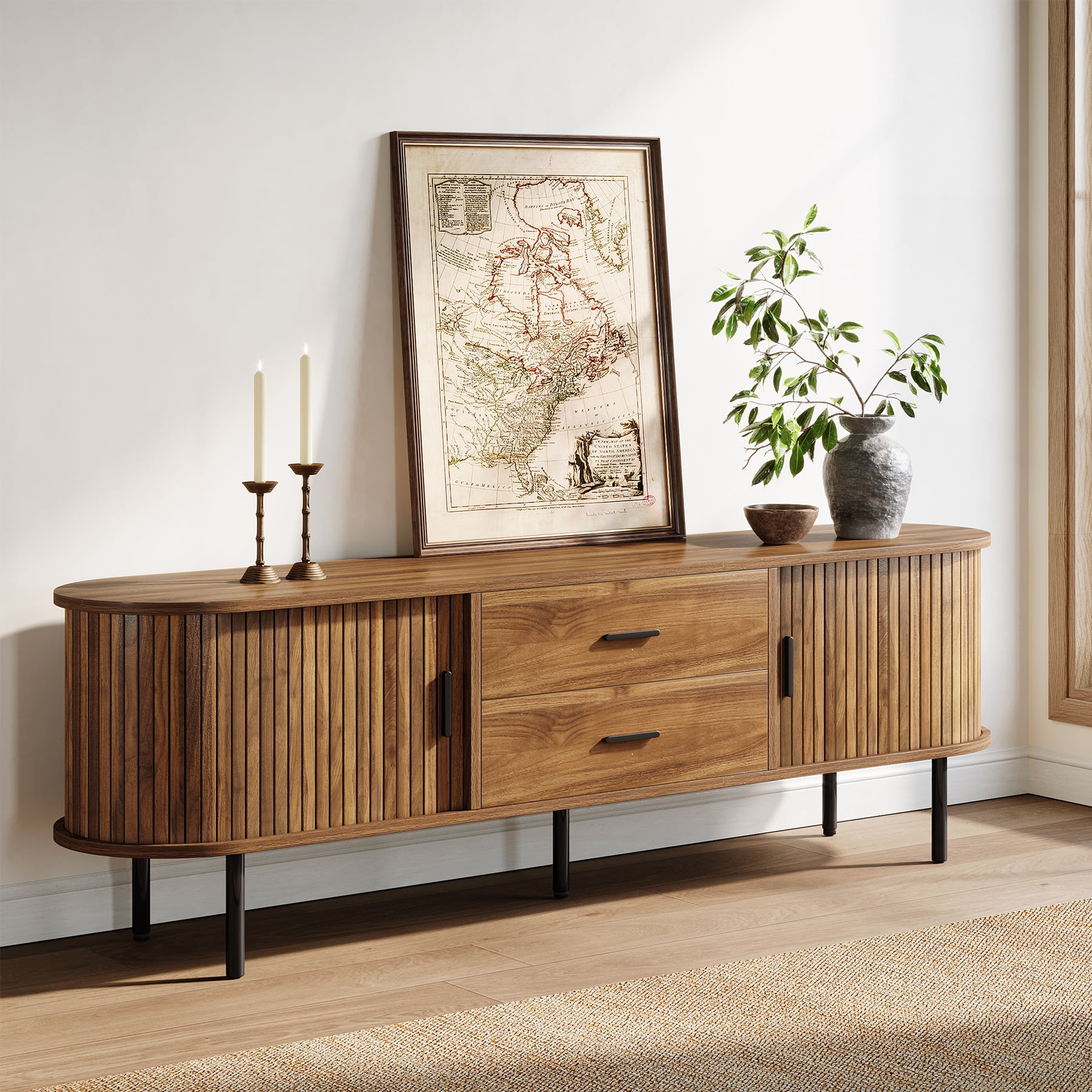 Tribesigns 70" Walnut Oval Wood Console Table with Sliding Tambour Door ...