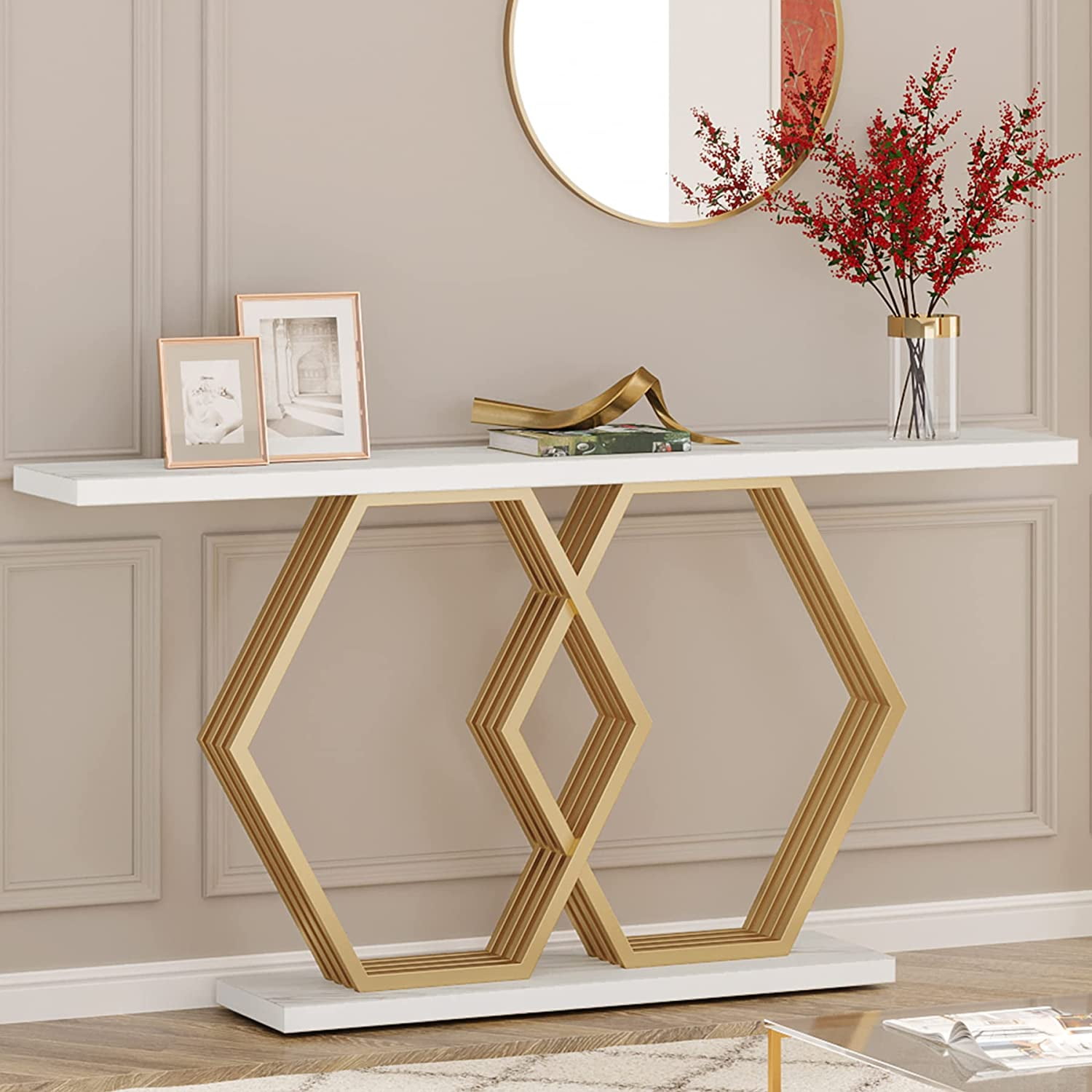 Tribesigns Elegant 70'' Golden Console Table, Faux Marble Entryway ...