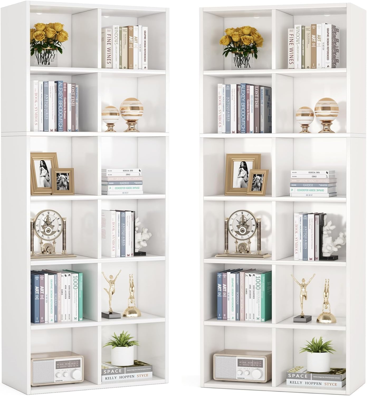 Tribesigns 71.65 Inch Tall Cubby Bookshelf Set of 2, White Modern ...