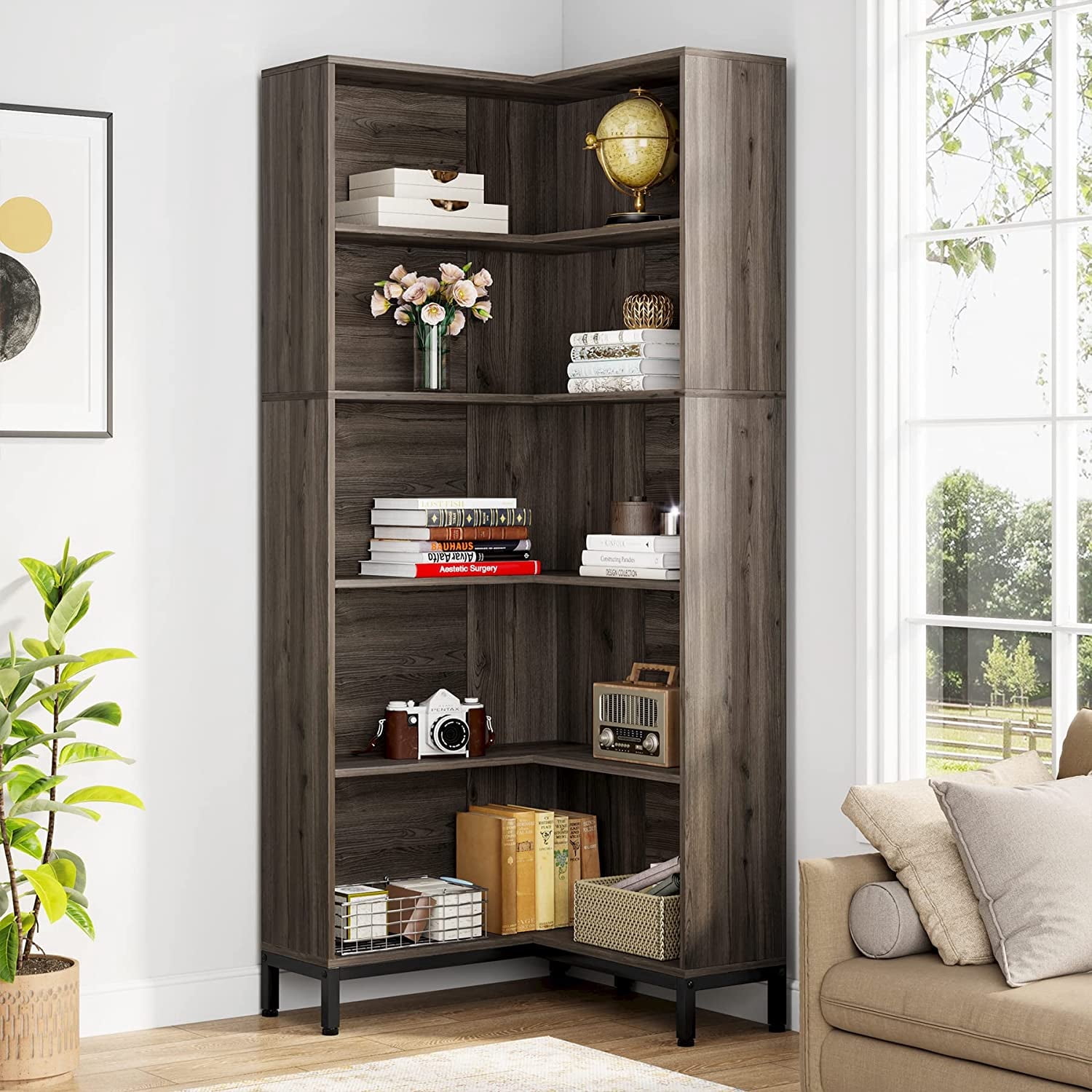 Tribesigns Grey L-Shaped Large Tall Bookcase, 6-Tier Corner Bookshelf ...