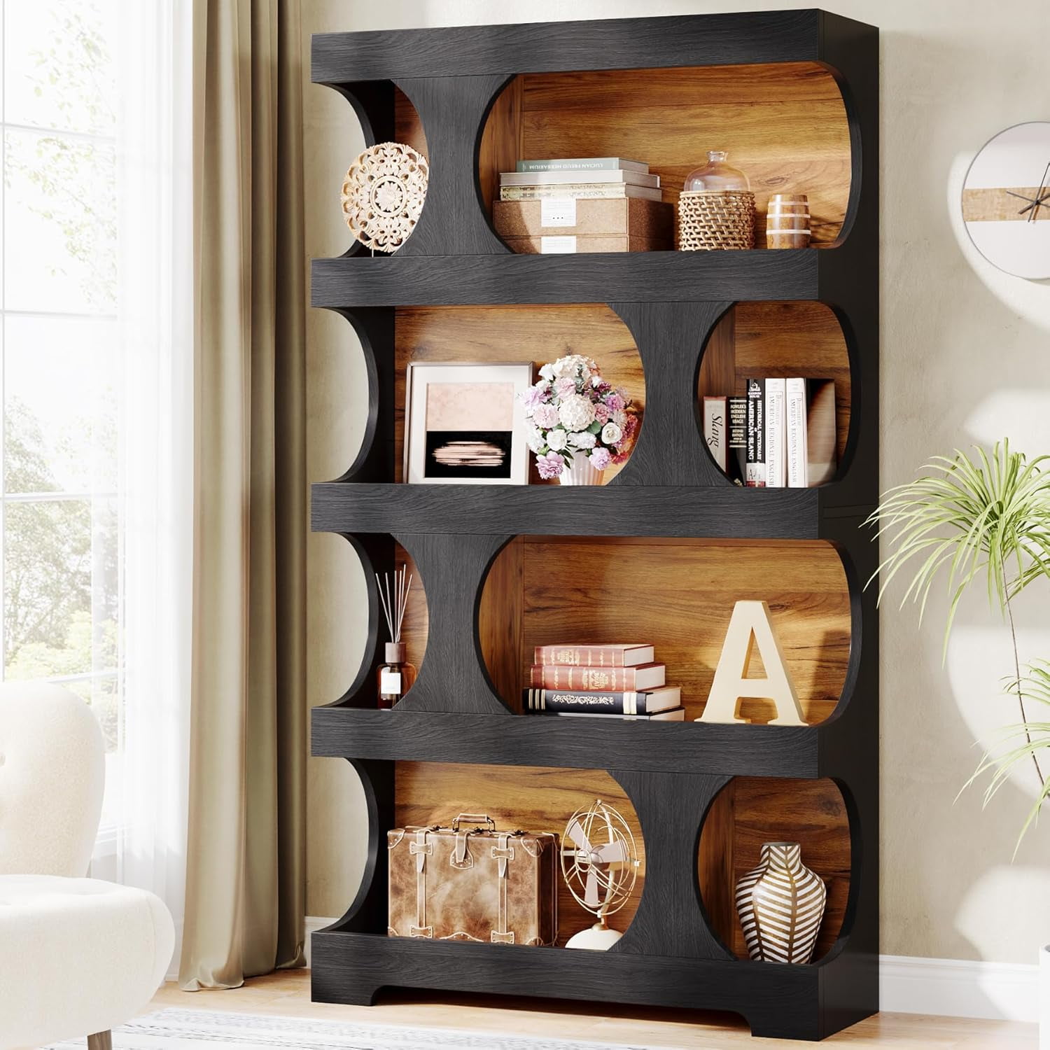 Tribesigns 71" Tall Bookcase, 4-Tier S-Shaped Bookshelf, Wood ...