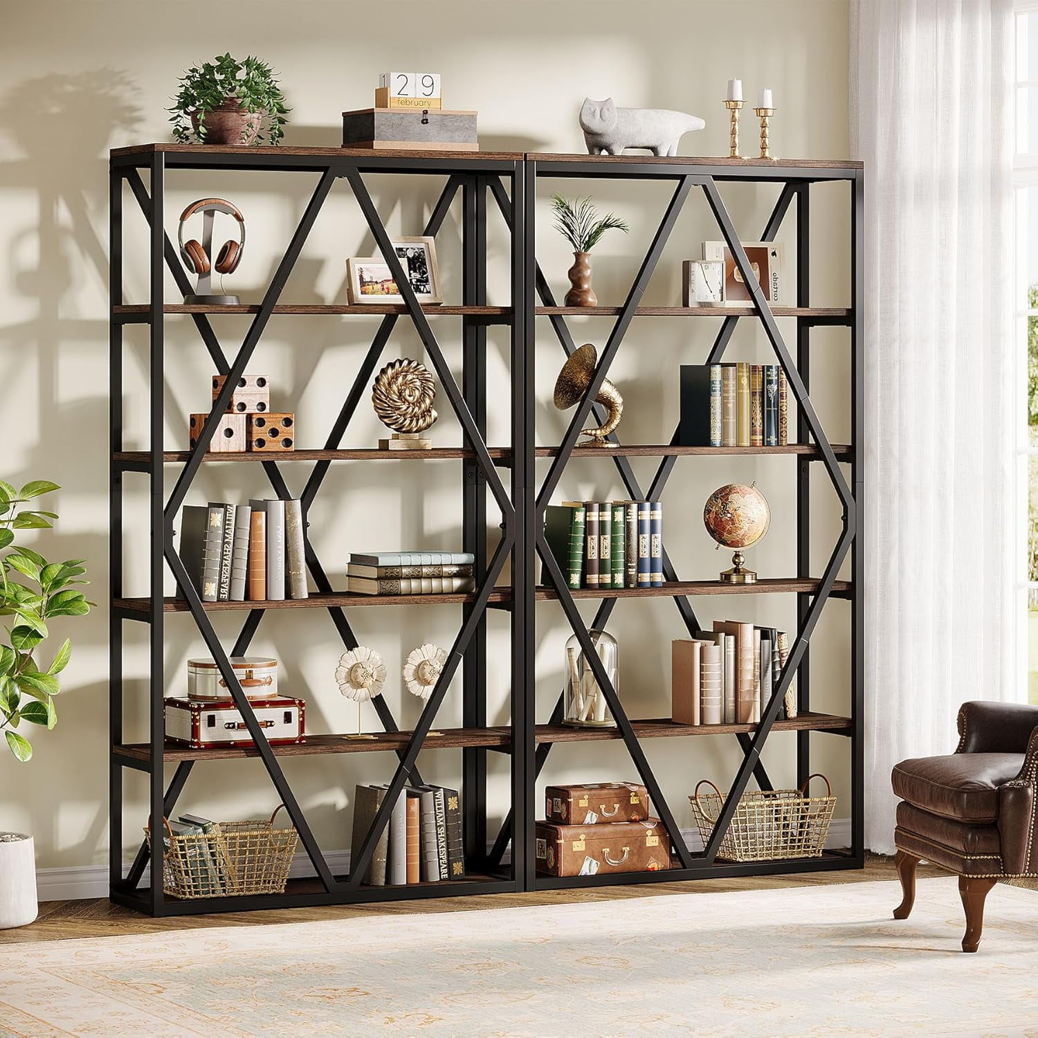 Tribesigns 71-inch Tall Bookshelf Set of 2, 6 Tier Industrial Large ...