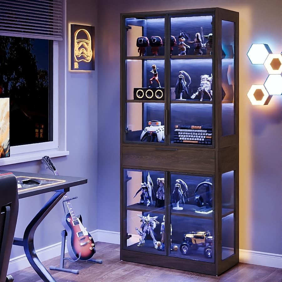 Tribesigns 71-inch Tall Display Cabinet with Doors, Drawer and LED ...