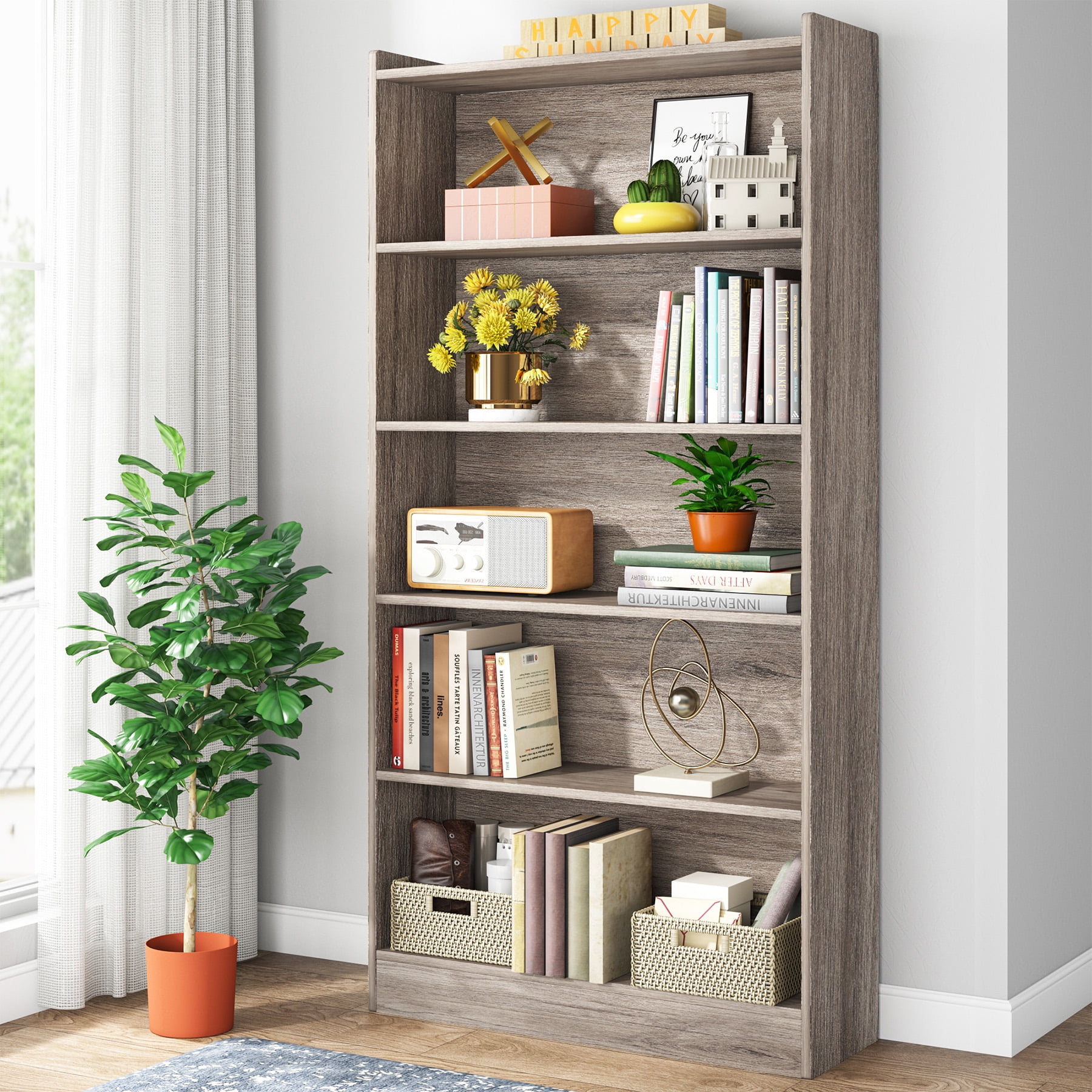 "Tribesigns 72"" Tall Bookshelf, 6-Tier, Extra Wide Modern Wood Open ...