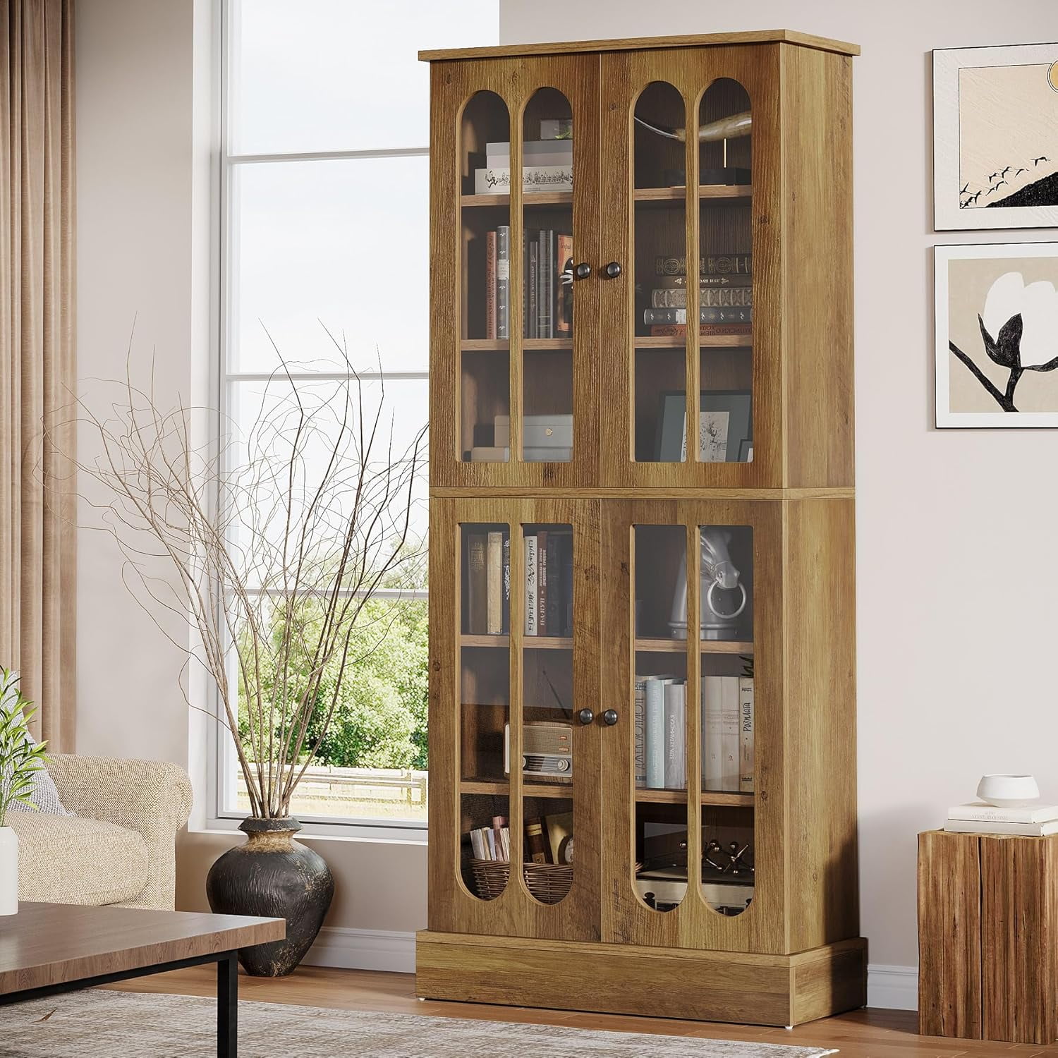 Tribesigns 72" Tall Bookcase with 6-Tier Shelf and 4 Arched Transparent ...