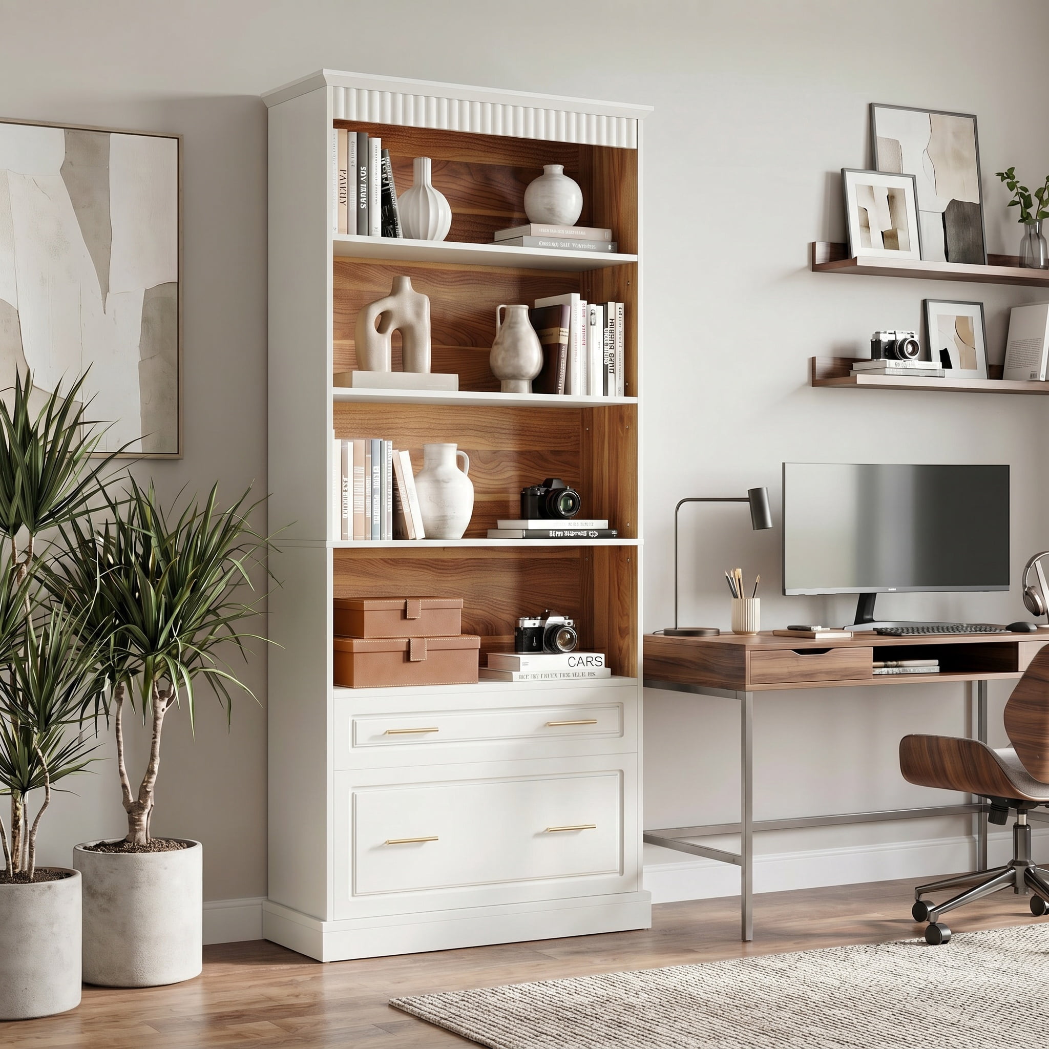 Fnova 72" Tall Bookcase with File Cabinet Drawer, Freestanding Display ...
