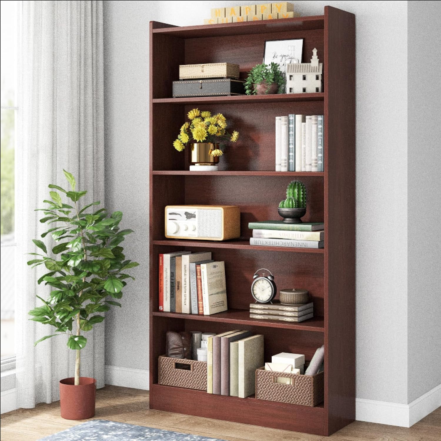Tribesigns 72-inch 6-Tier Modern Bookcase, Cherry Library Bookshelf ...