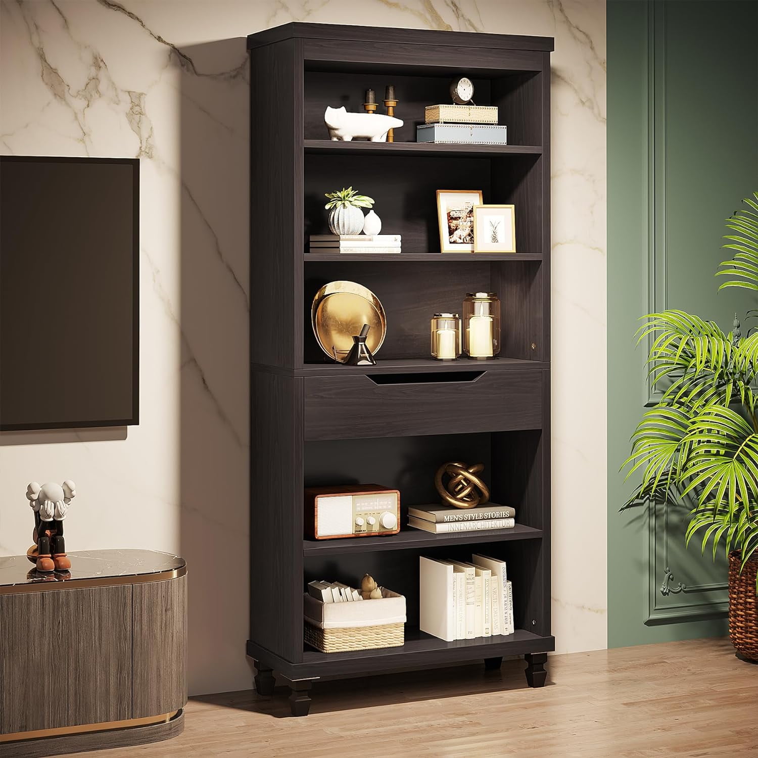 Tribesigns 73 inch Dark Brown Wood Bookshelf with 6-Tier Shelves and ...