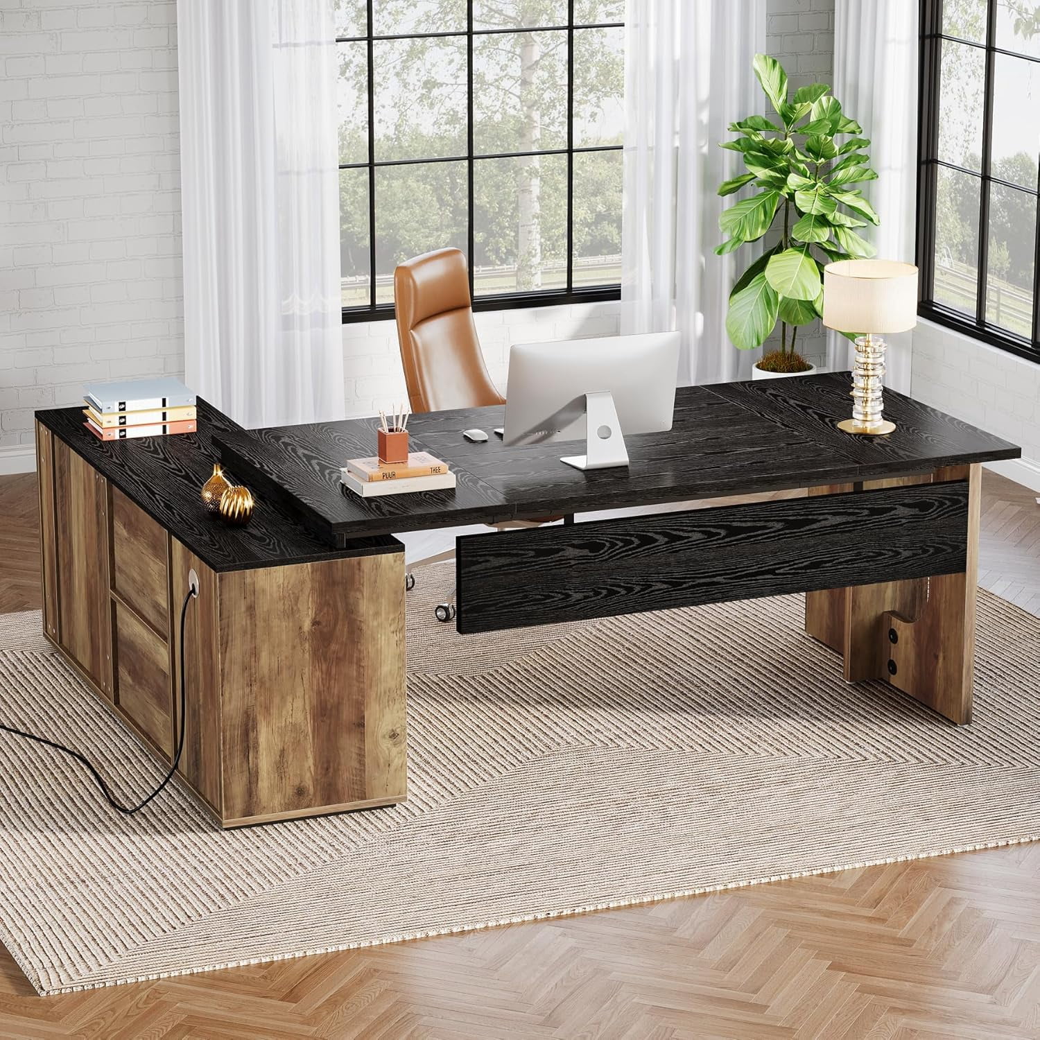 Tribesigns 74.8" Executive Desk, Large Office Desk with Cabinet, L ...