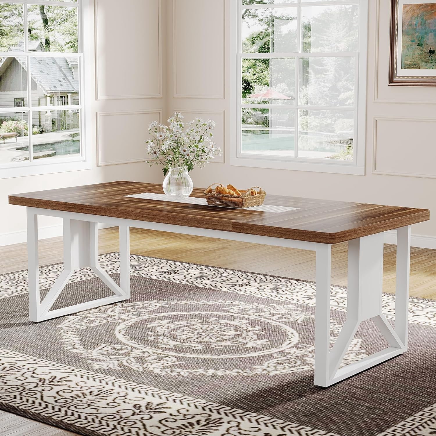 Finmind 74.8" Rustic Farmhouse Dining Table, Wood Kitchen Table for 6-8 ...