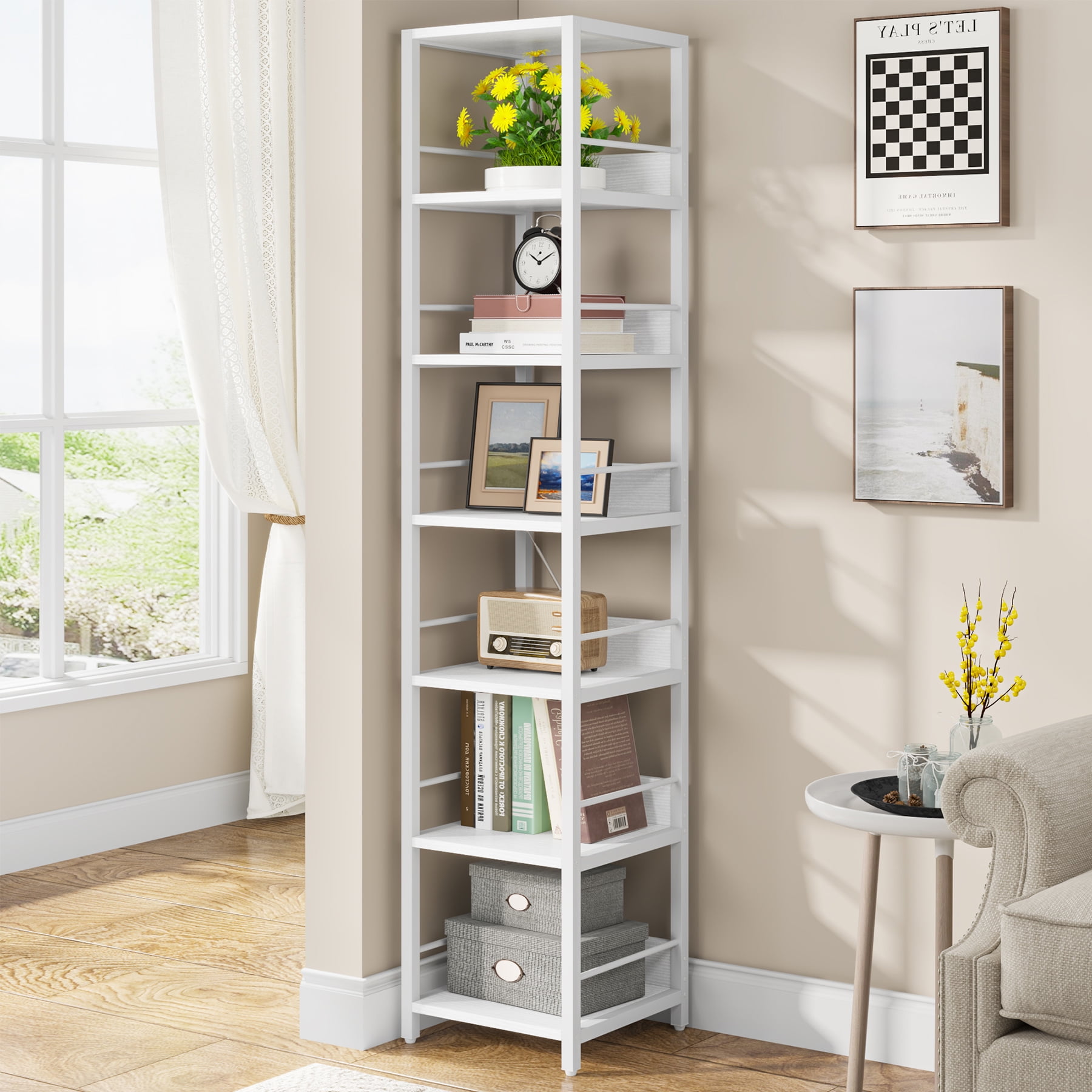 "Tribesigns White 75"" Tall Narrow 6 Tier Bookshelf, Metal Standing ...