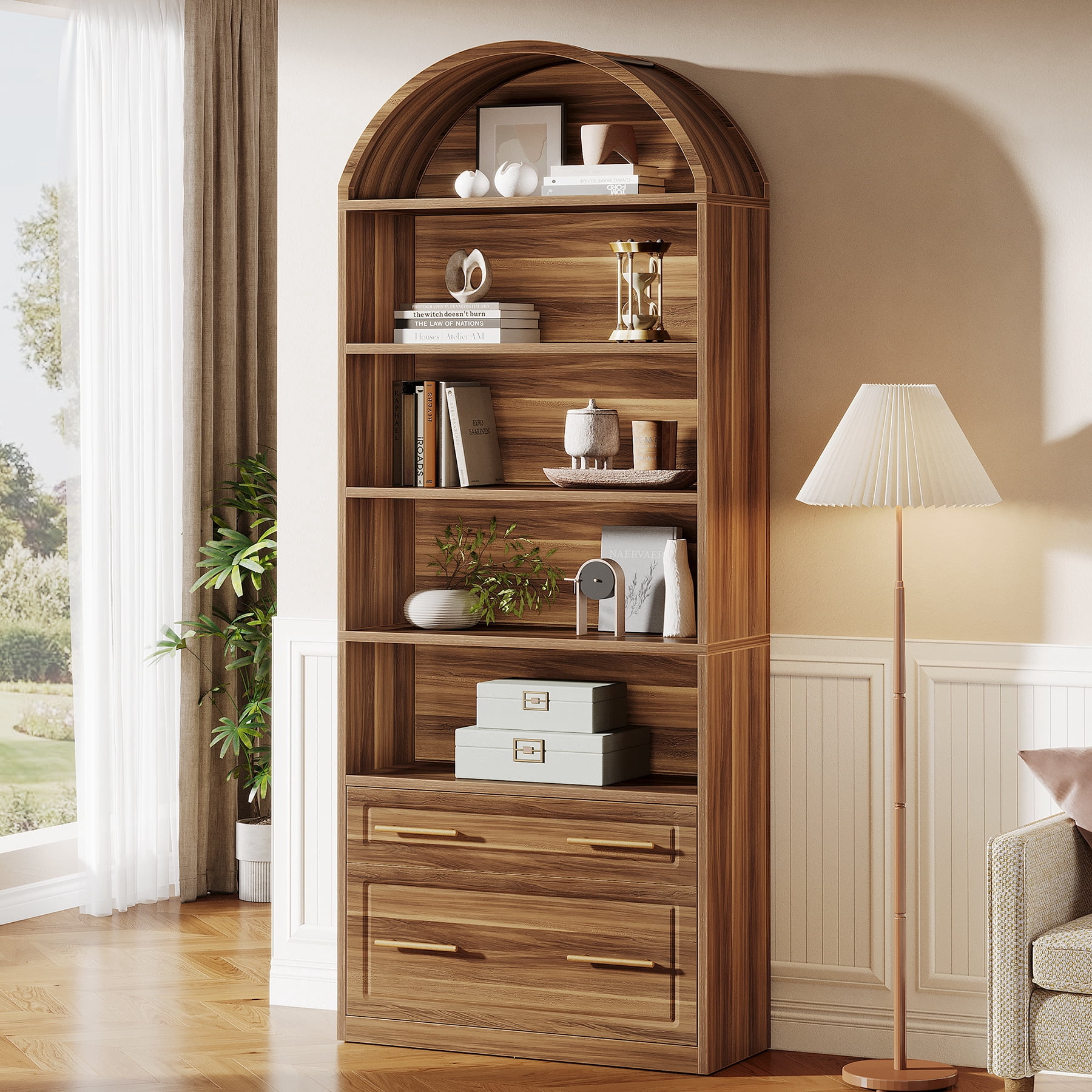 Tribesigns 77" Tall Arched Bookcase, 5-Tier Freestanding Wooden ...