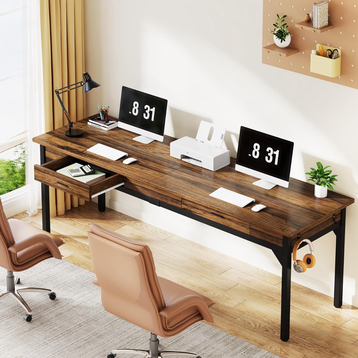 Finmind 78.7" 2-Person Computer Desk with Drawers, Rustic Brown ...