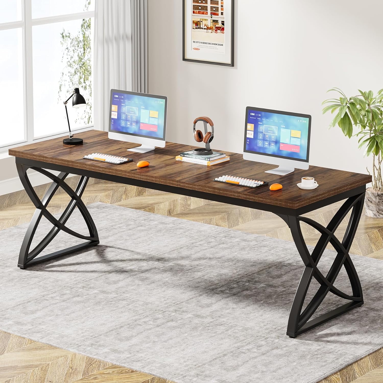 Finmind 78.7" Dual Desk, Extra Long Computer Desk with Heavy Duty Frame ...