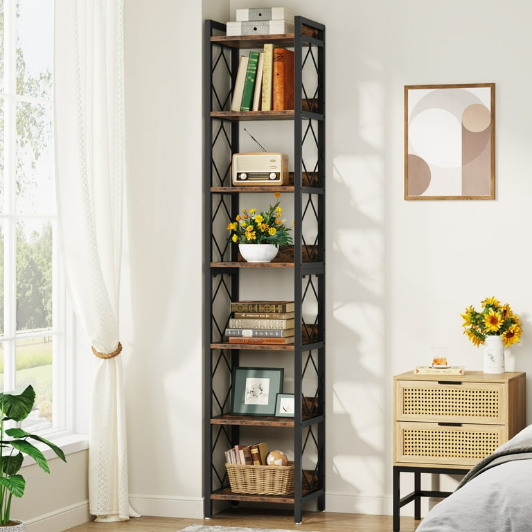Tribesigns 78.7 Inches Tall Narrow Bookshelf Freestanding 7 Tier Bookcase Skinny Corner Storage Organizer for Home Office Brown