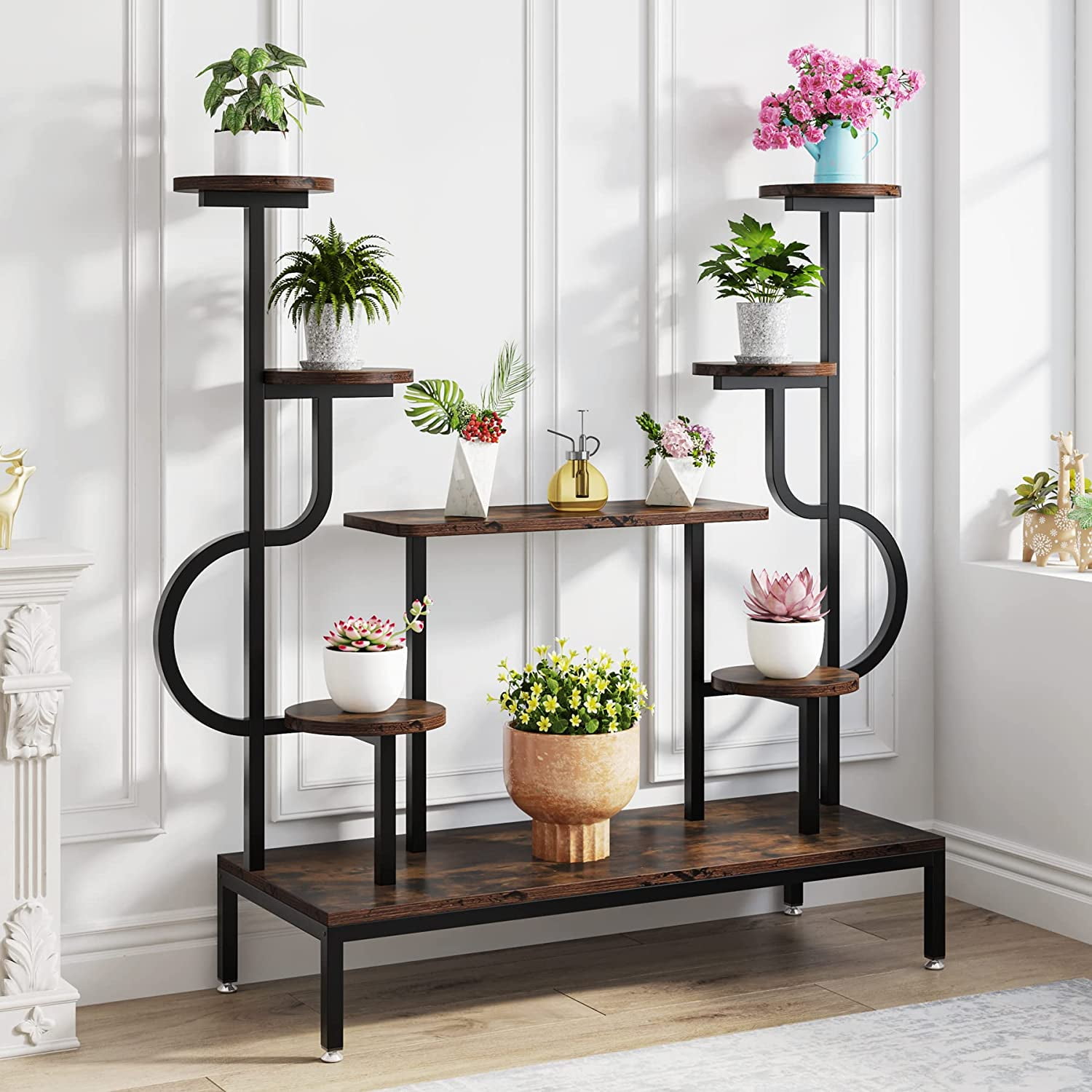 Tribesigns 8-Tier Indoor/Outdoor Metal Plant Stand, Wood Potted Ladder ...