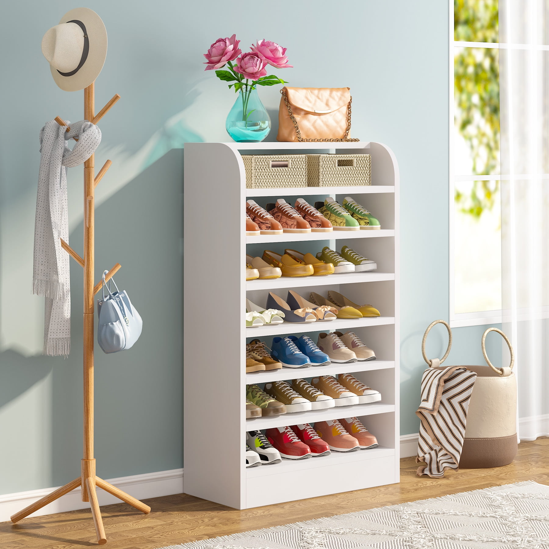 Tribesigns 8-Tier Shoe Rack, Wooden Shoe Storage Cabinet, White ...