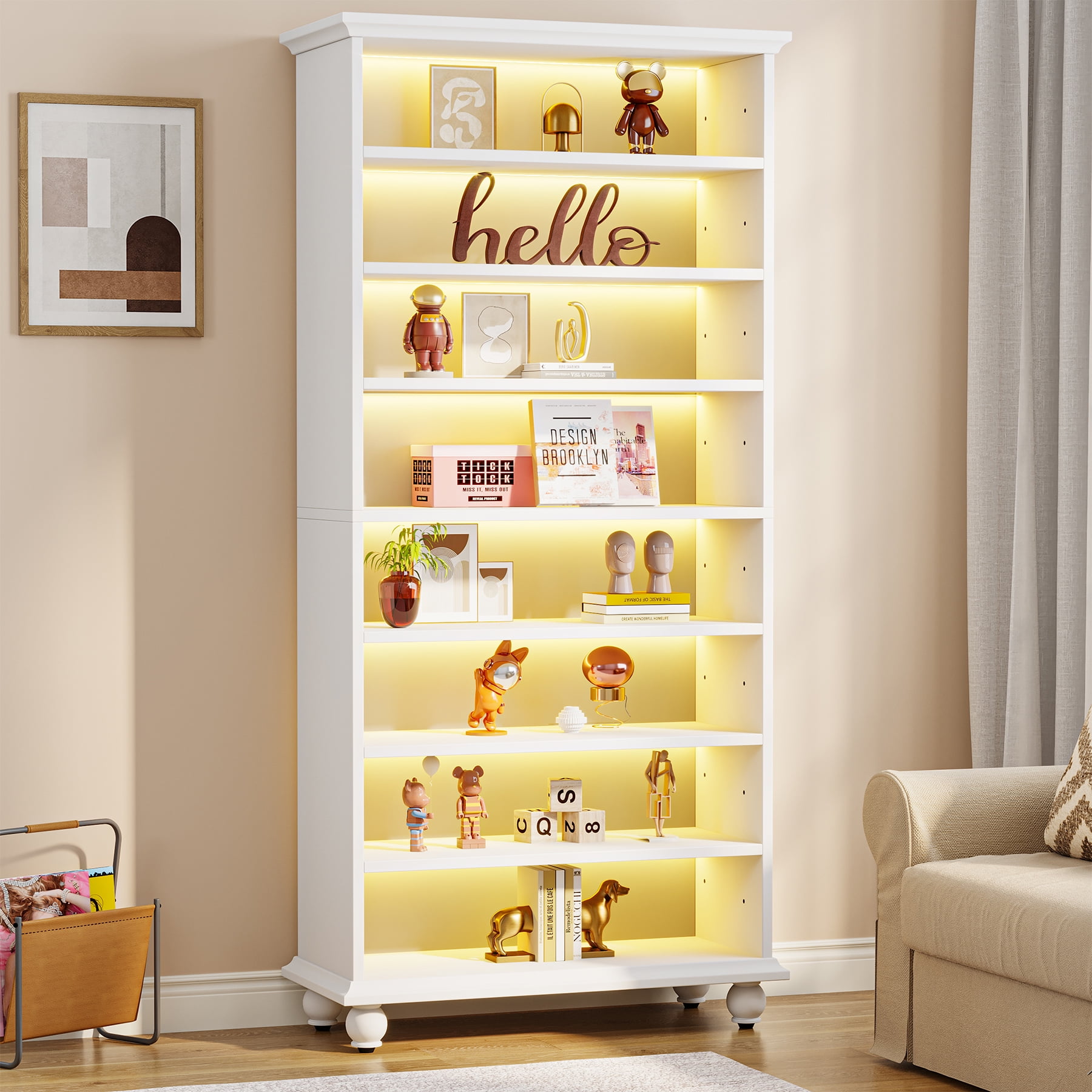 Tribesigns 9 Tiers Bookcase with LED Lighting White Bookshelf with 64 ...