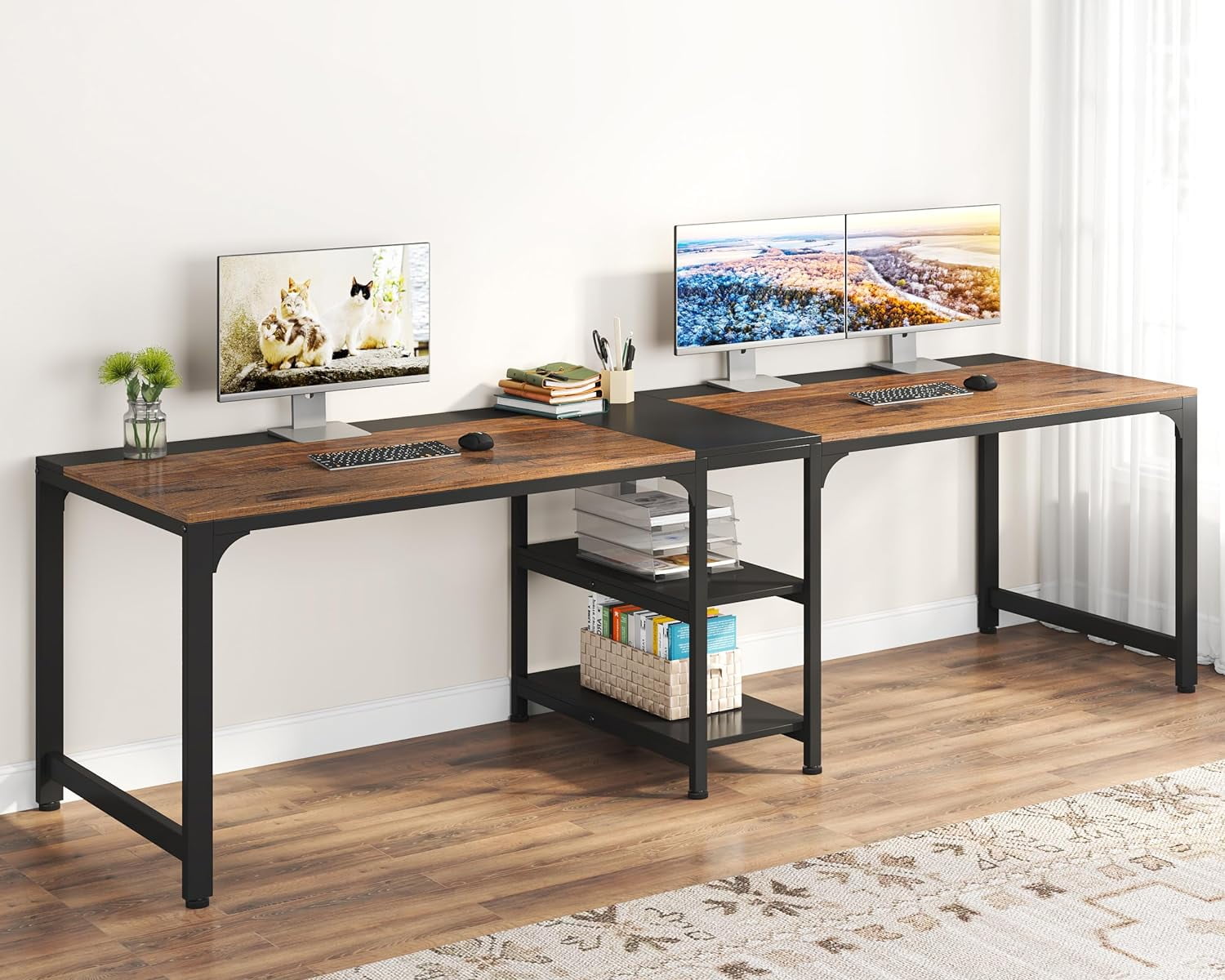 Tribesigns 90.55'' 2 Person Desk with Storage Shelves, Double Computer ...