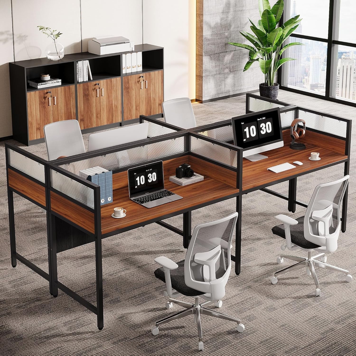 Finmind 94.48" Spacious Two-Person Office Desk with Privacy Panel ...
