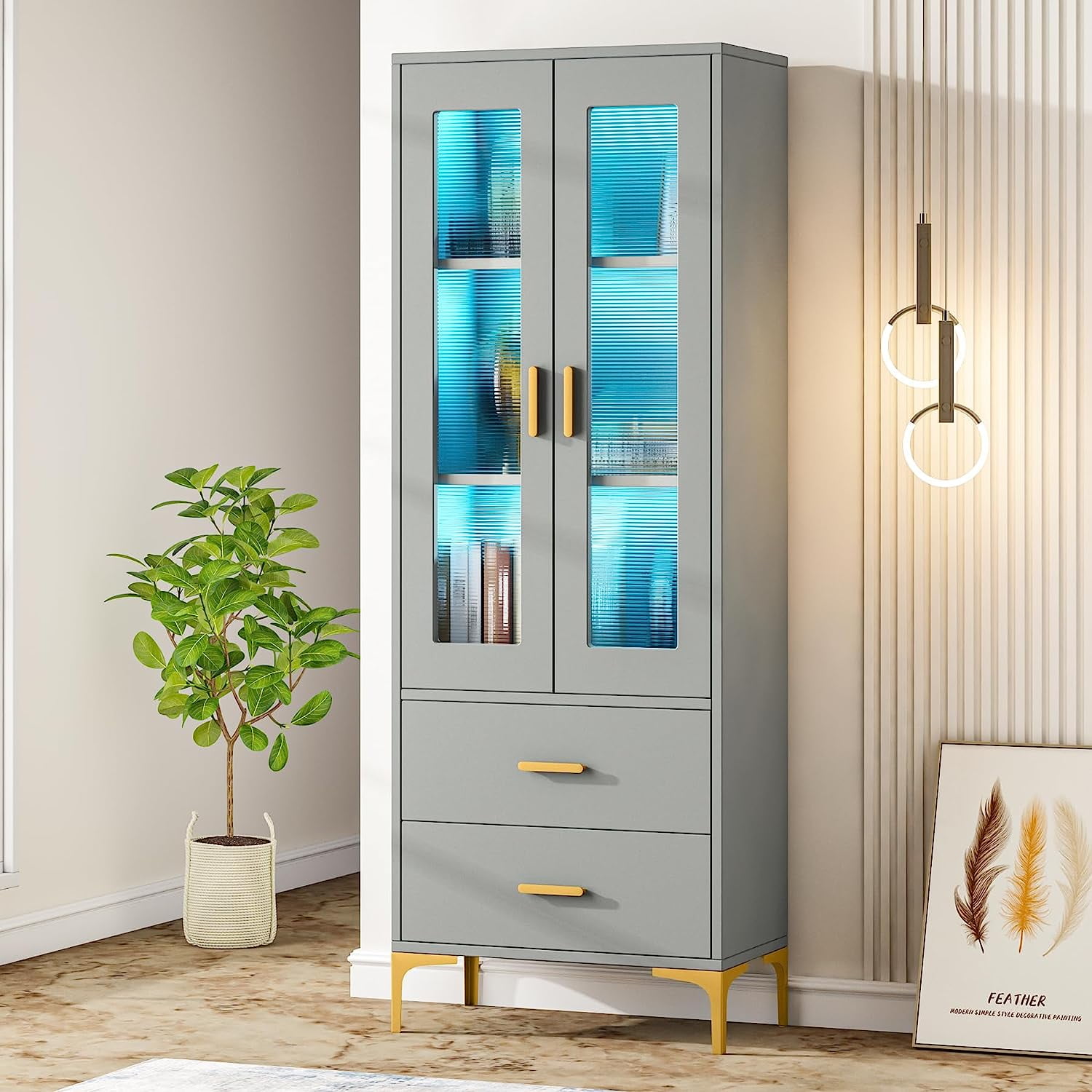 TribeSigns Gray Bookcase with Door and Drawers, LED Light, Tall Storage ...