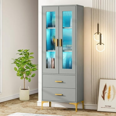 OXYLIFE Bookcase Display Cabinet with Lights, Pop-up Glass Doors, 2 ...