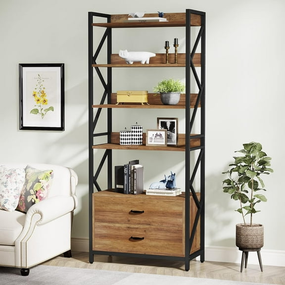 Bookshelf with Drawers - 5 Tier Tall Bookcase Geometric Modern Book ...